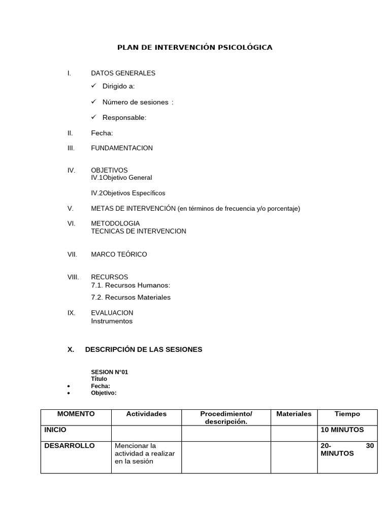 Plan De Intervención Psicológica Detallado Pdf