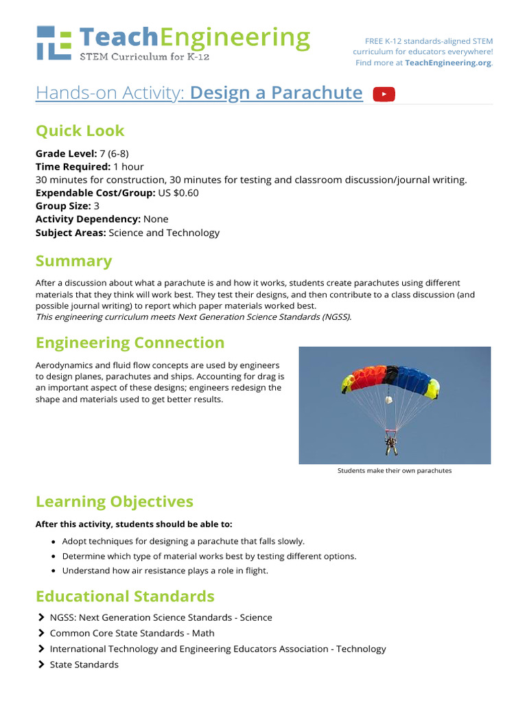 Design A Parachute - Activity - TeachEngineering | PDF | Parachute ...