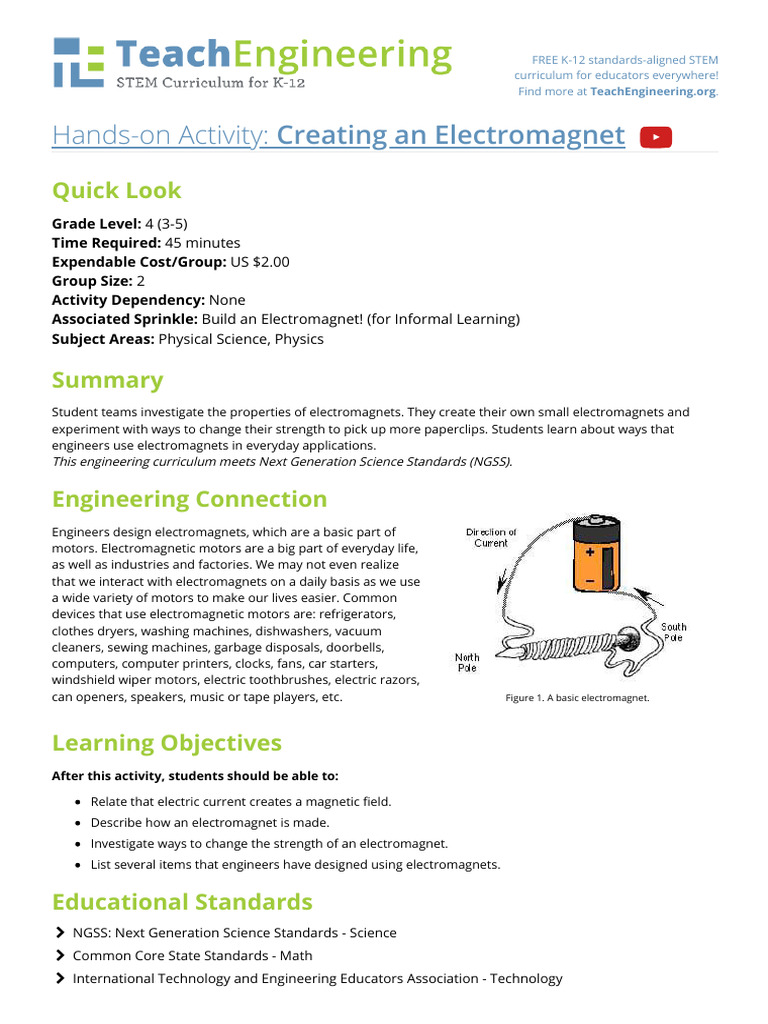 Creating An Electromagnet - Activity - TeachEngineering | PDF | Magnet ...