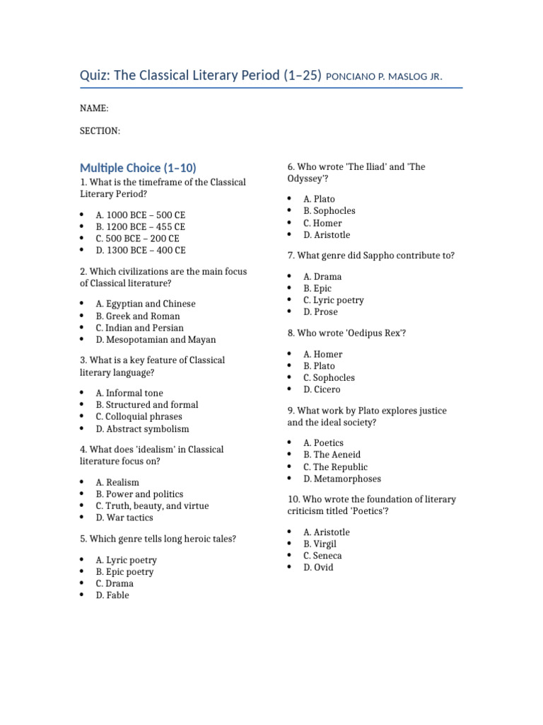 Classical Literary Period Quiz | PDF | Classics | Poetry