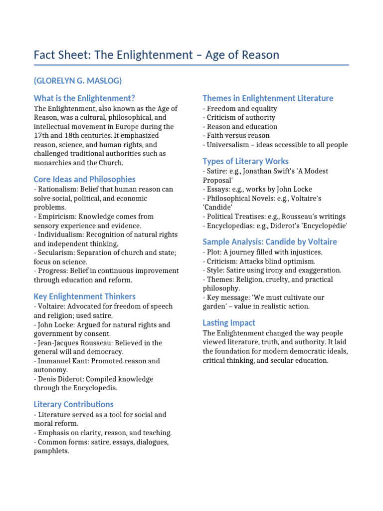 Enlightenment Fact Sheet | PDF | Age Of Enlightenment | Reason