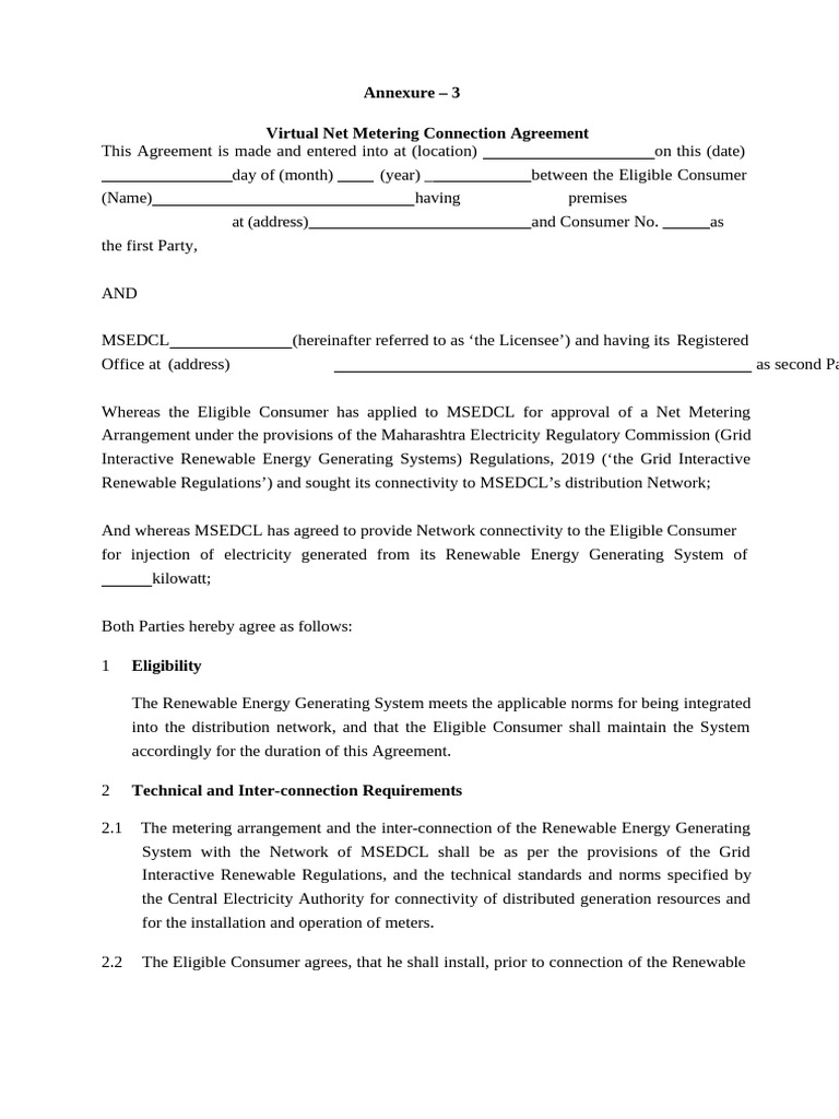 Virtual Net Metering Agreement MSEDCL | PDF | Electrical Engineering ...