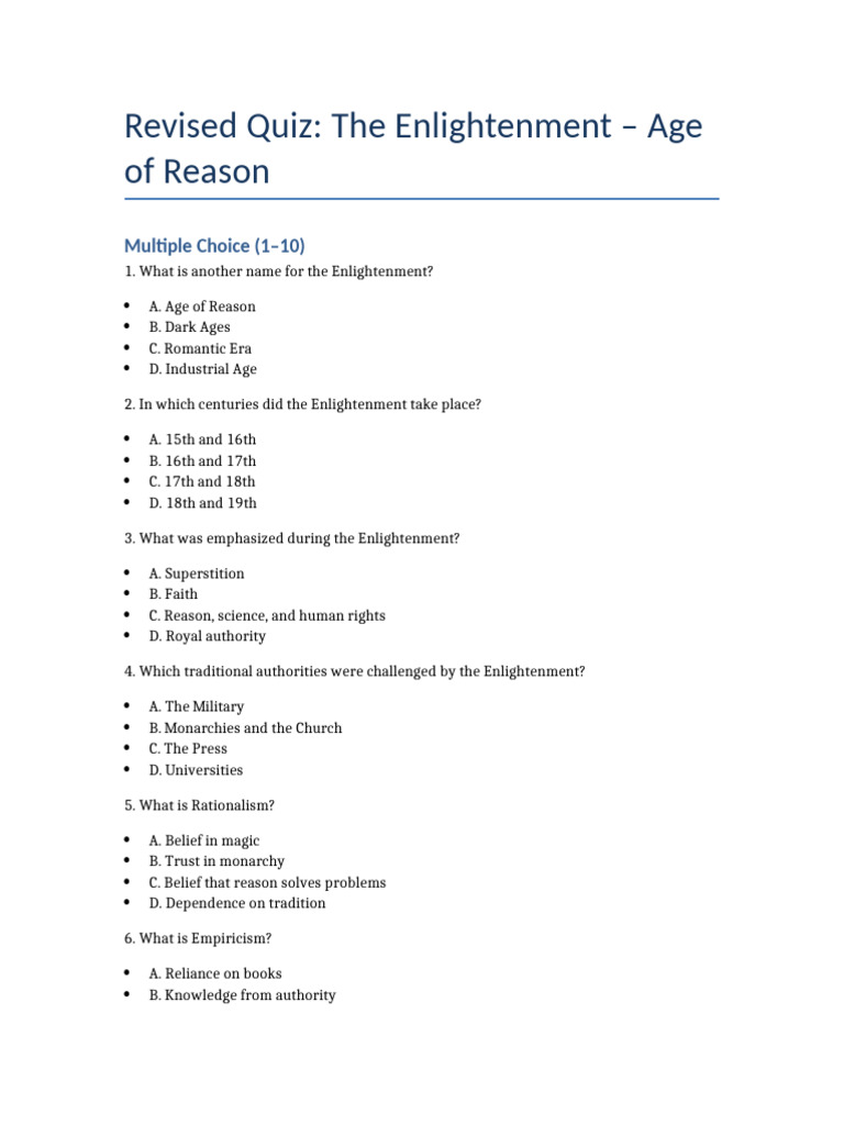 Revised Enlightenment Quiz MC TF | PDF | Age Of Enlightenment | Reason
