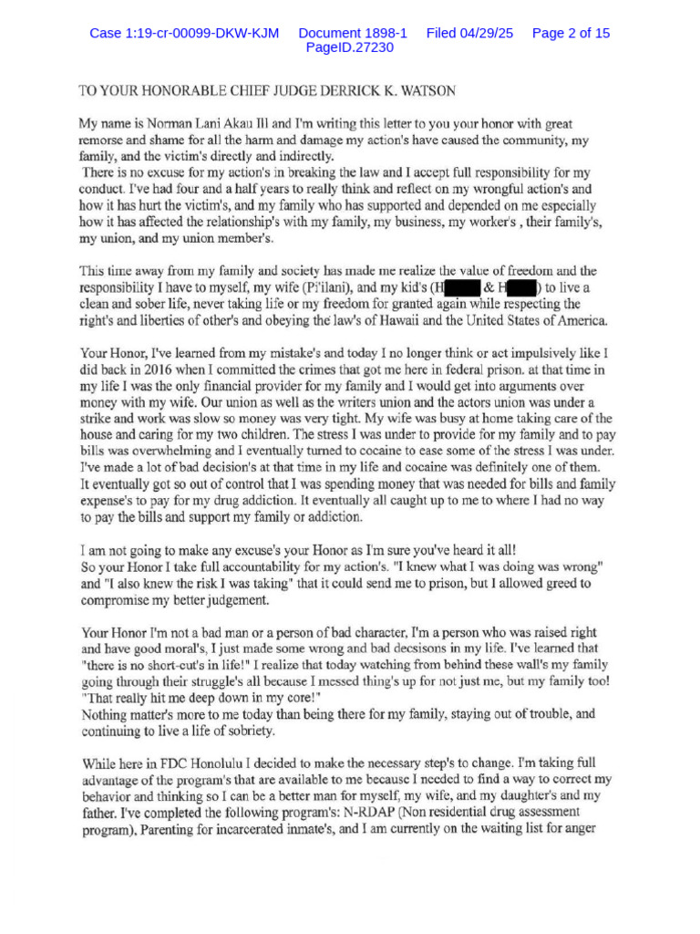 Letter From Norman Akau To Federal Judge Derrick Watson | PDF