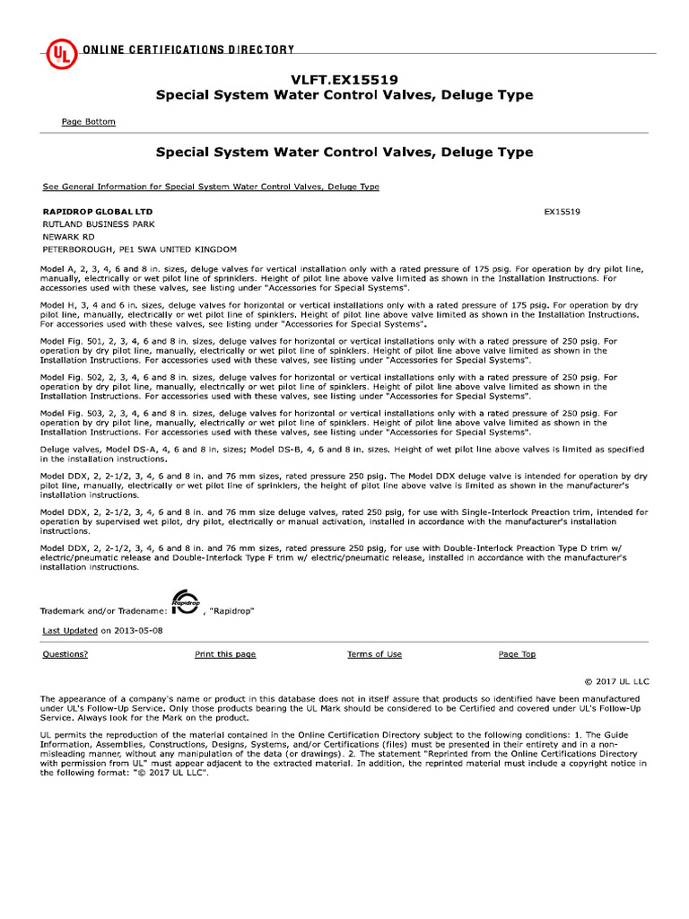 502 Deluge Valves Ductile Iron Ul Certificate | PDF