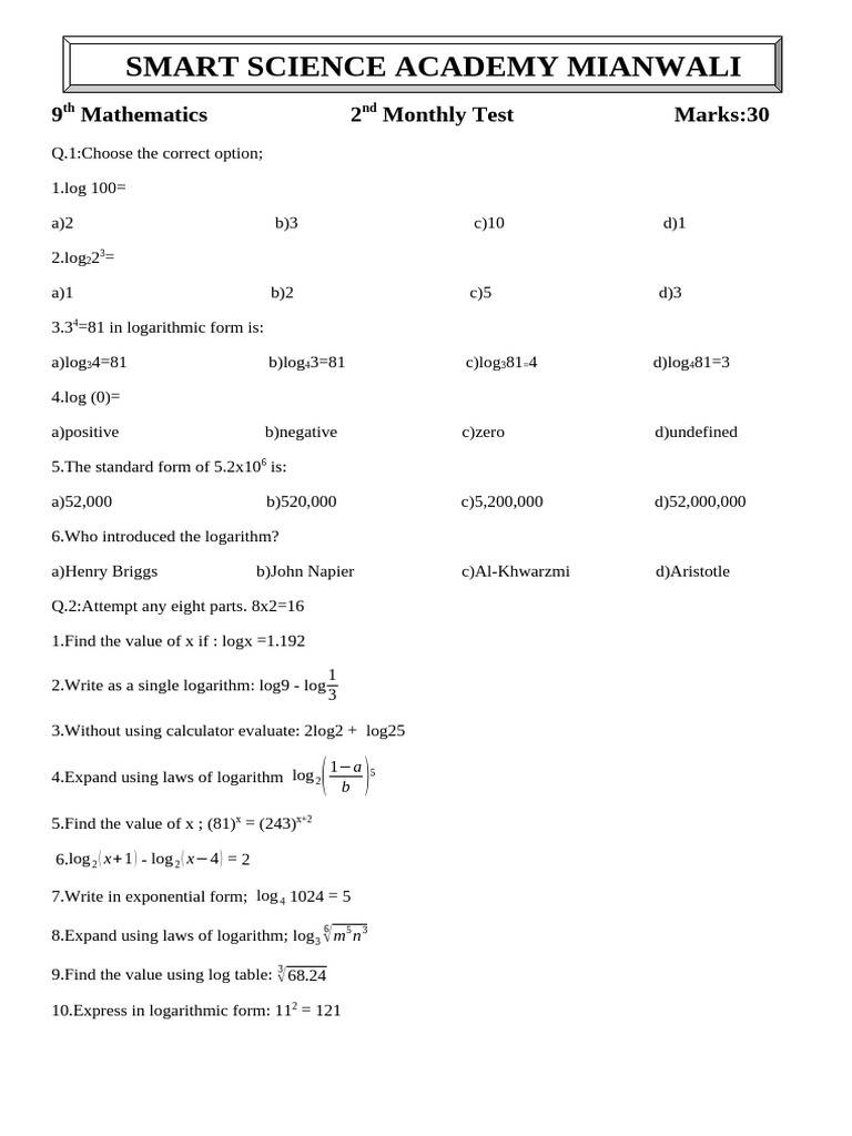 2nd Monthly Test Mathematics | PDF