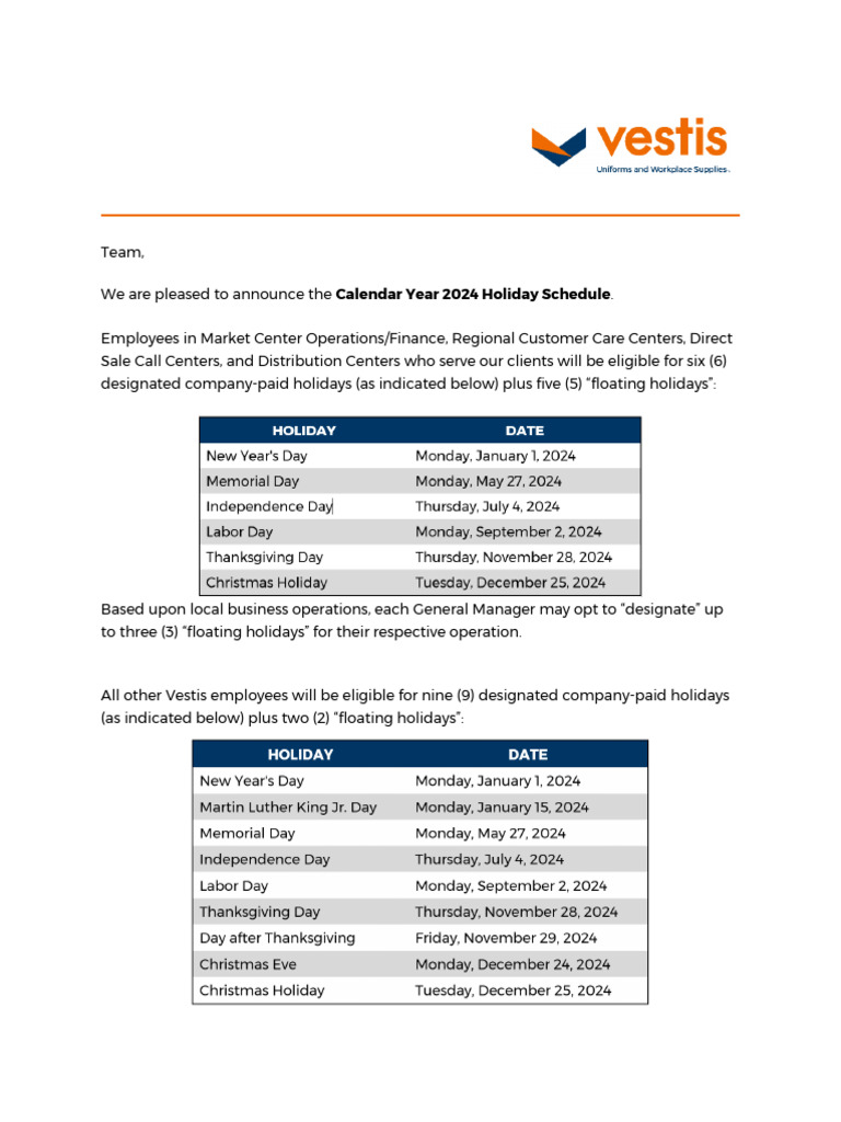 2024 Holiday Schedule | PDF
