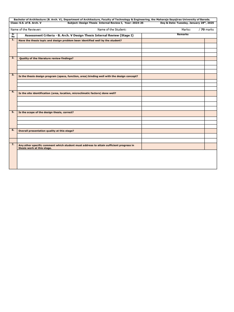 2025 - Review I - B.Arch Thesis - Assesment Sheet | PDF