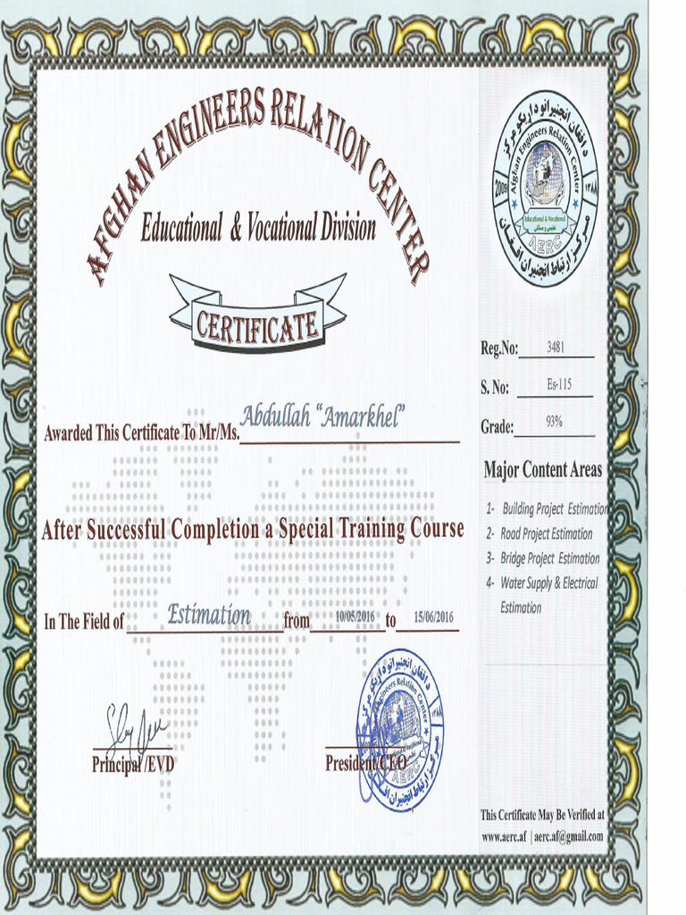 Abdullah's Estimation Course Certificate | PDF