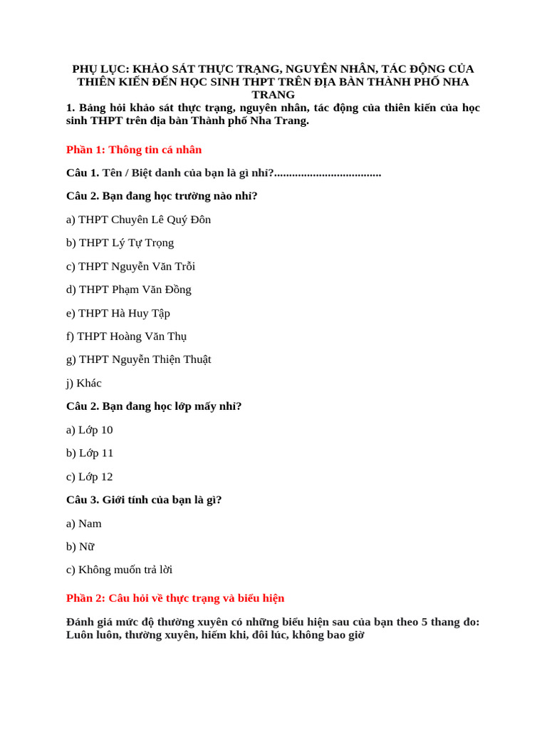 PH L C 1. KH o Sát TH C TR NG, Nguyên Nhân, Tác Đ NG | PDF