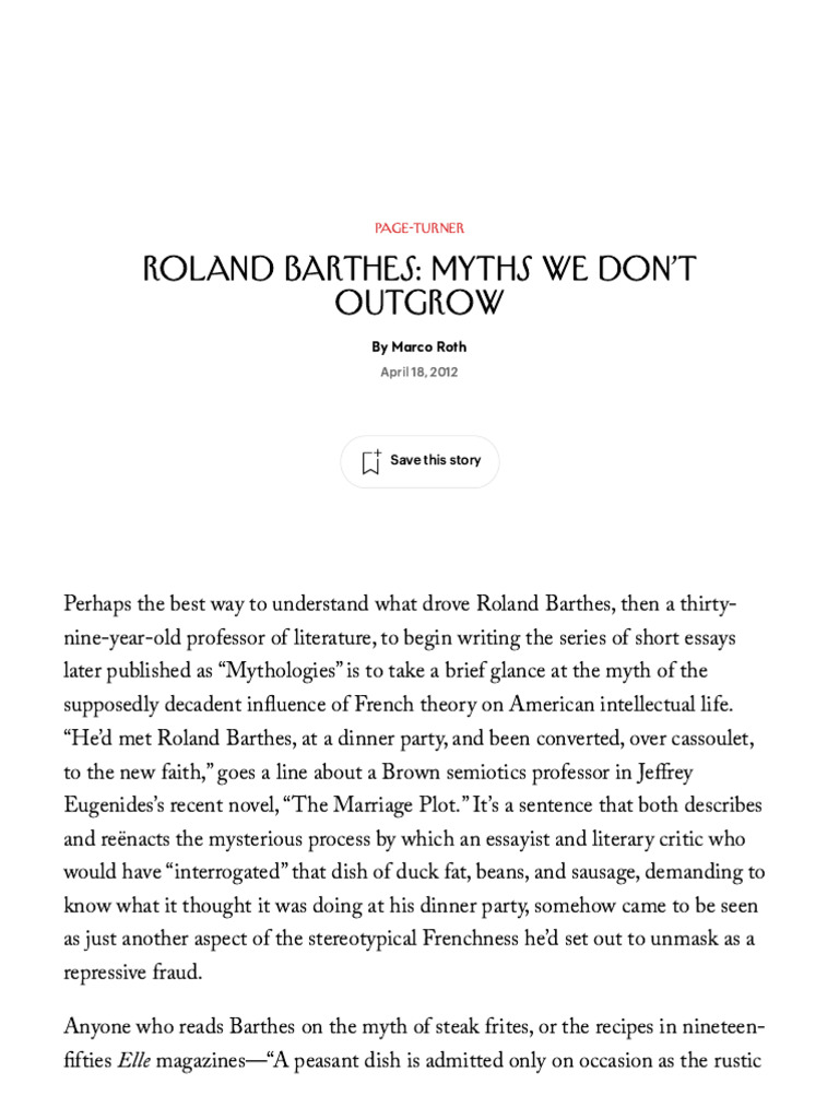Roland Barthes - Myths We Don't Outgrow - The New Yorker | PDF