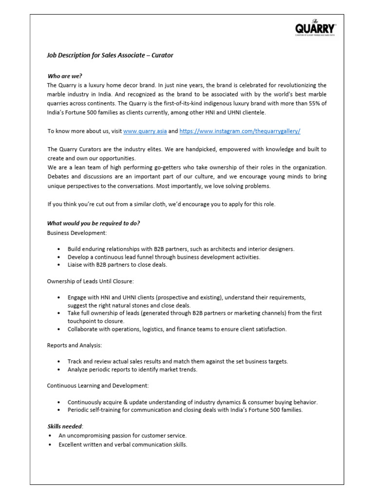 Sales Associate Job Description - The Quarry | PDF | Brand | Human ...