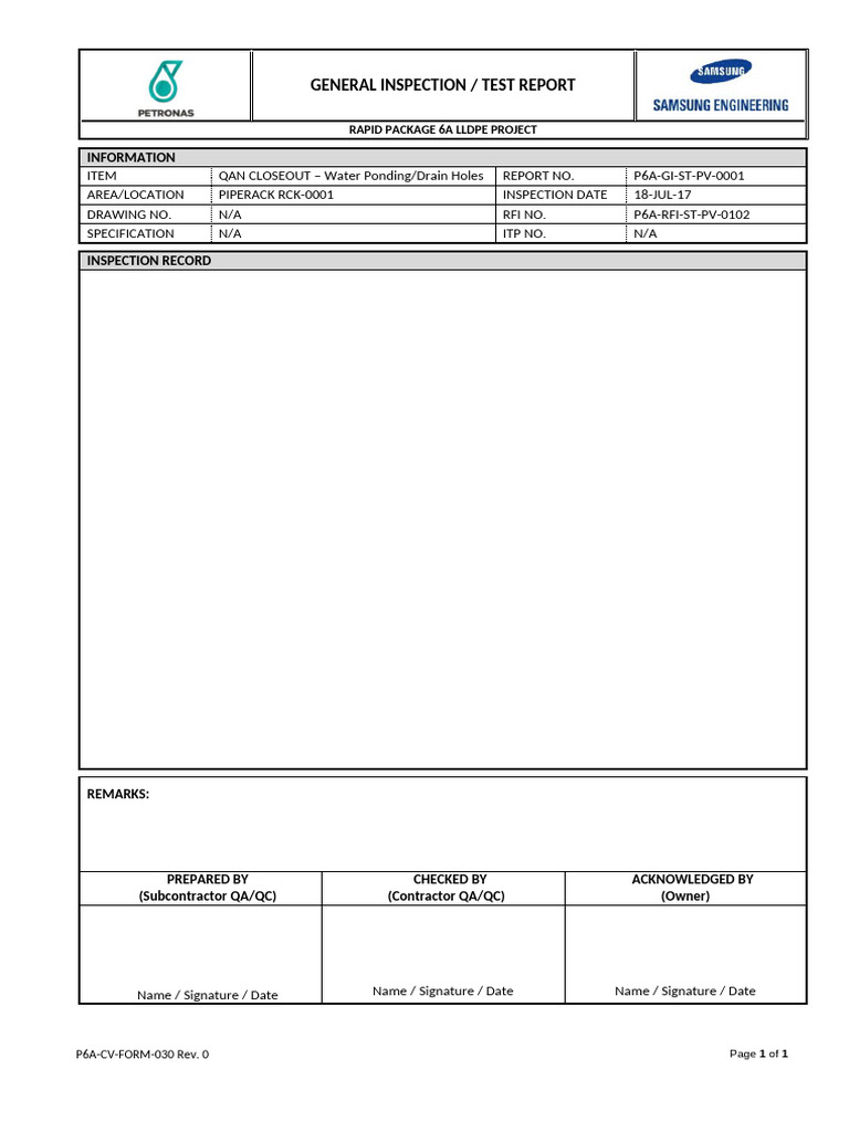 P6A-CV-FORM-030 R0 General Inspection Test Report - QAN-PAR-NCR ...