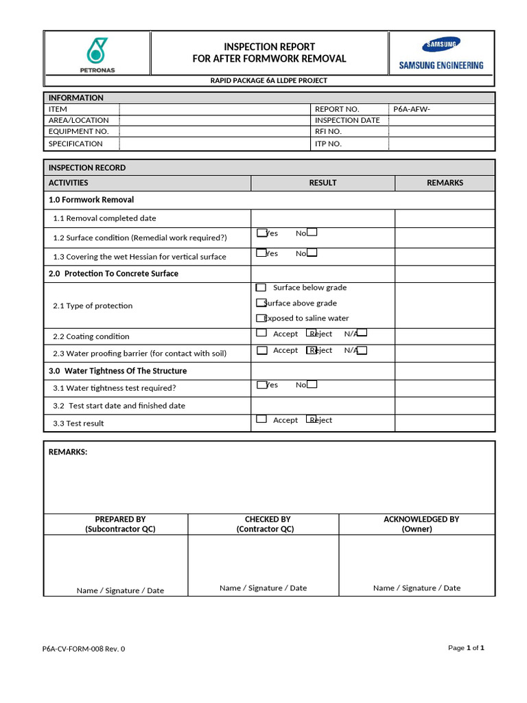 After Formwork Removal Inspection Report | PDF
