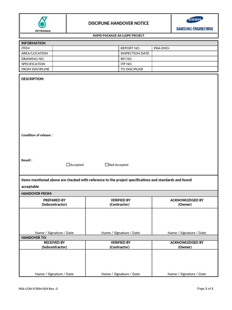 P6A-CON-FORM-004 R0 Discipline Hand Over Notice | PDF