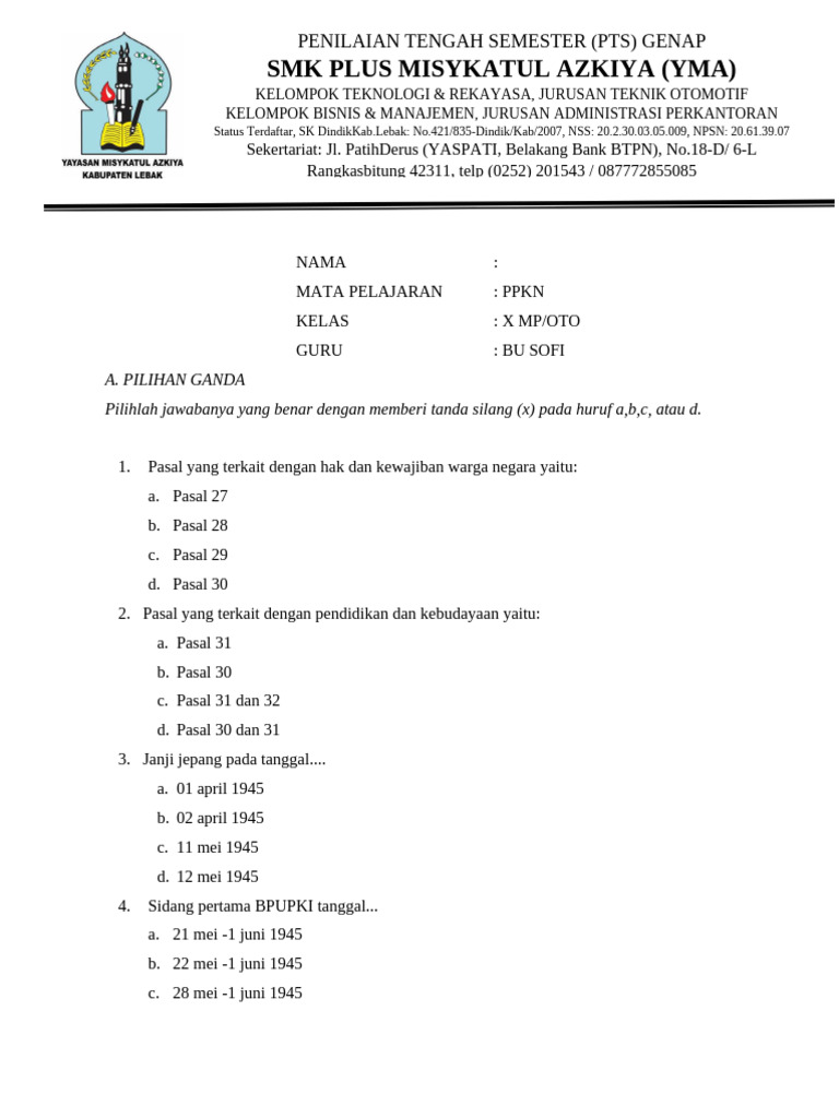 SOAL PTS PPKN X (2) | PDF