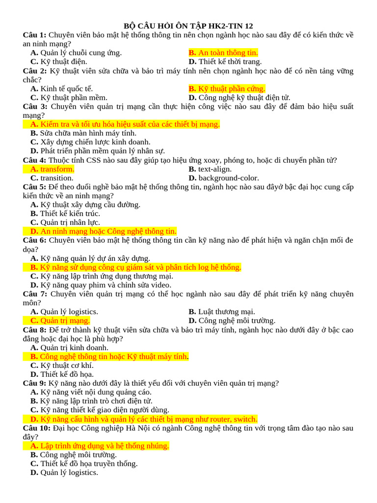 De Cuong On Tap HK2 Tin 12 | PDF