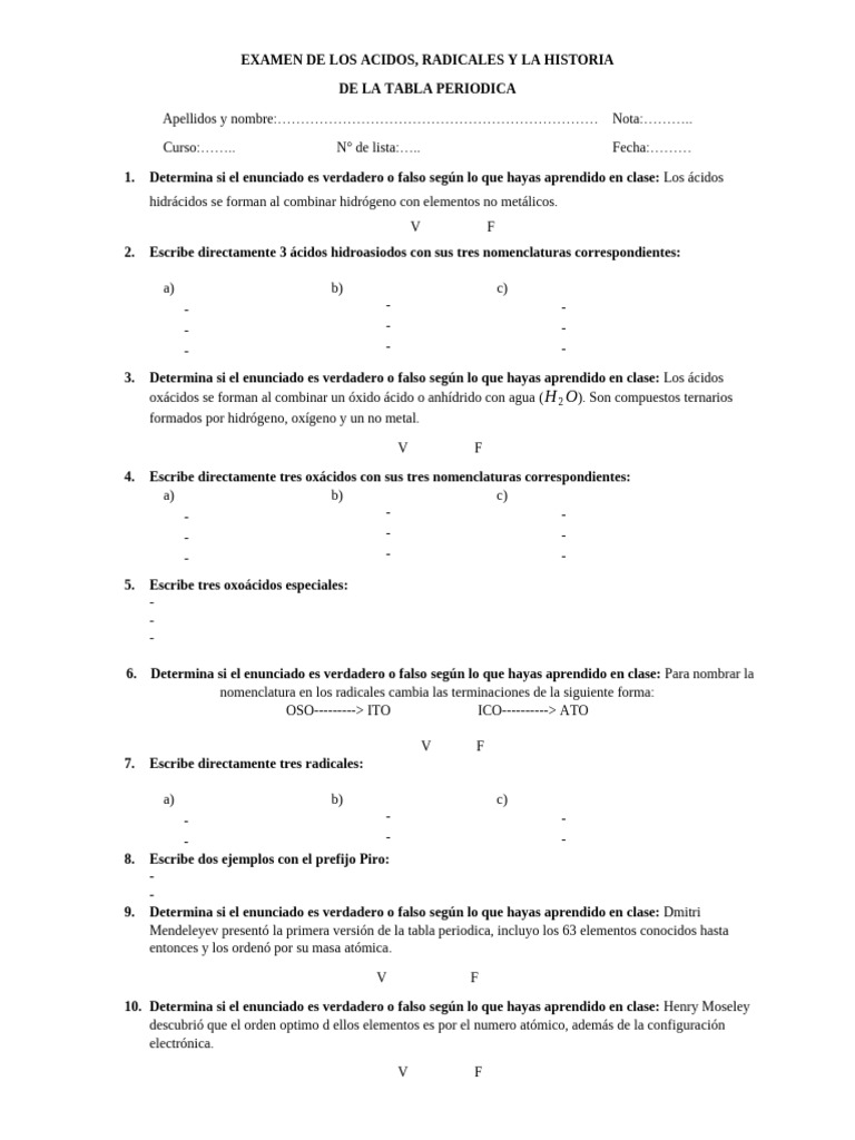 Examen de Los Acidos, Radicales y La Tabla Periodica 4C-B | PDF ...