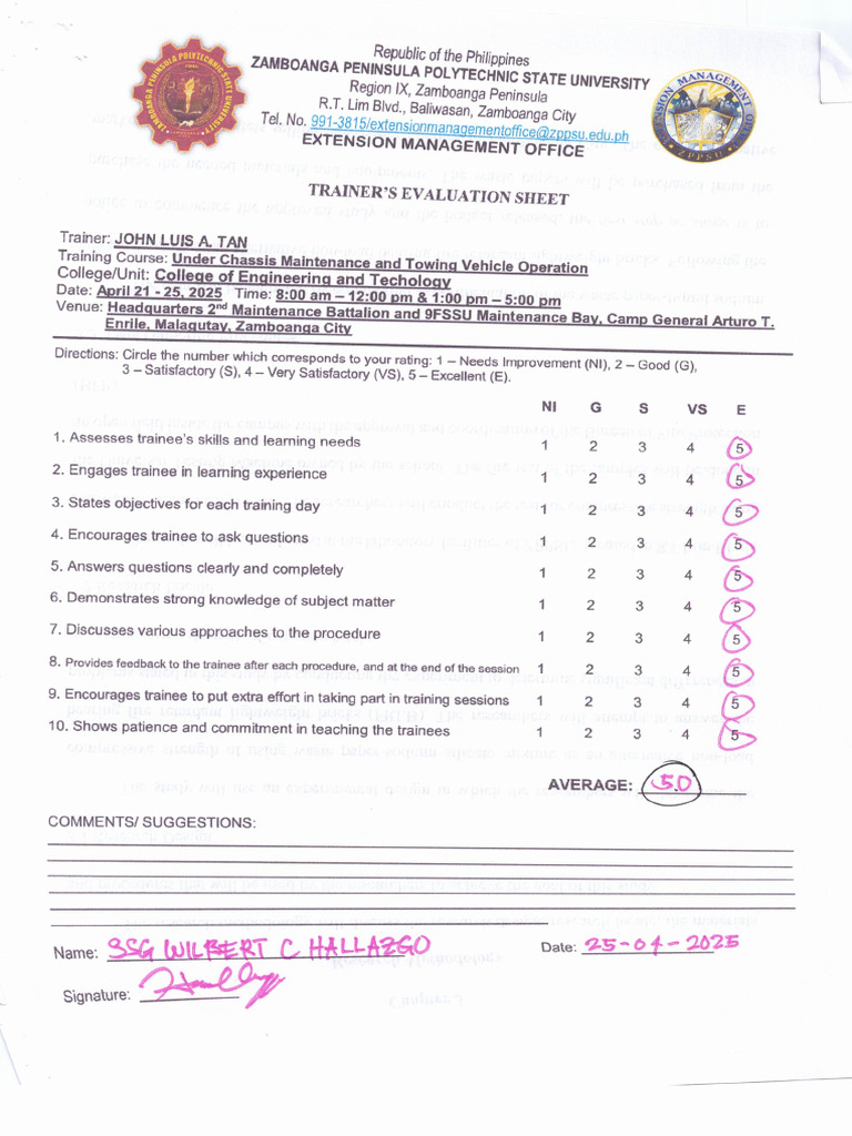 Trainers Evaluation Sheet - Sir Tan | PDF