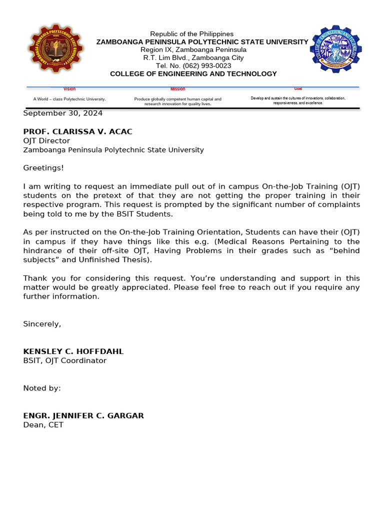 Pull Out Request for OJT Students | PDF