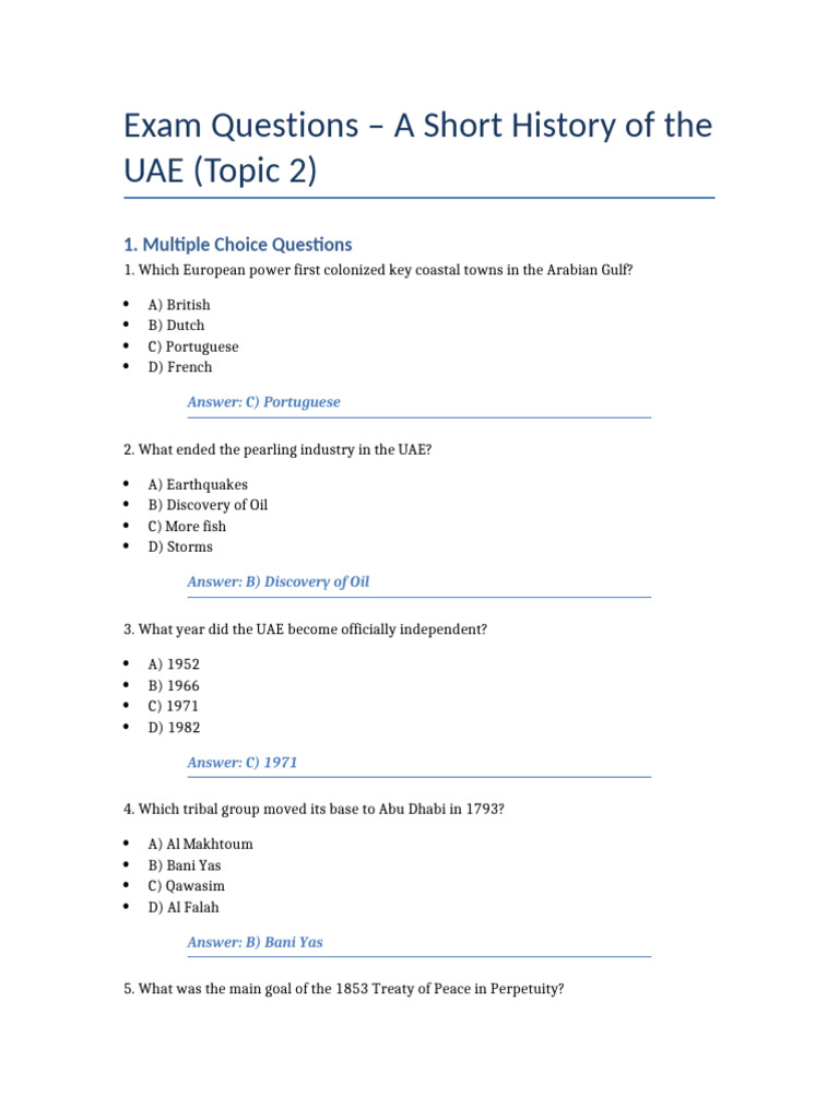 Exam Questions UAE History Topic 2 | PDF