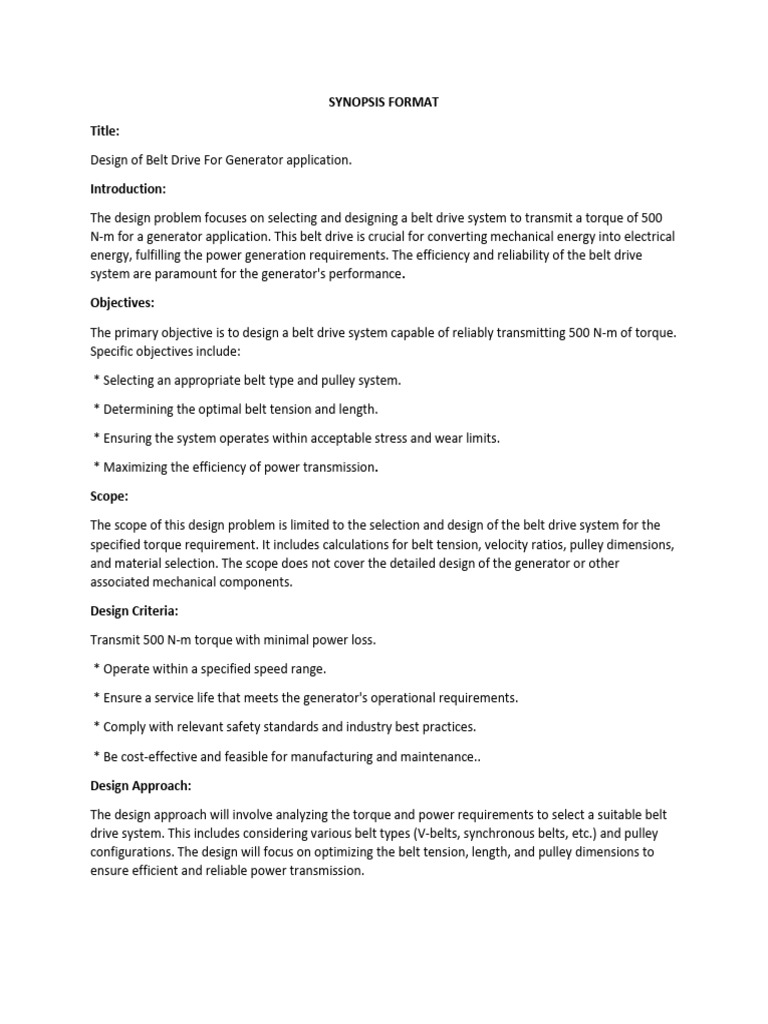 Design Problem Synopsis Format | PDF | Belt (Mechanical) | Mechanical Engineering