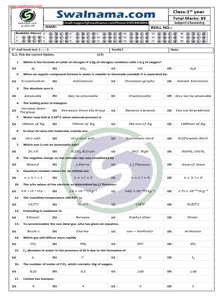 T17 Question Paper Class 11 Chemistry First Half Book | PDF | Electron | Gases