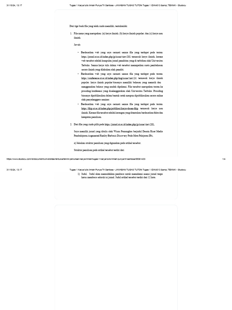 Tugas 1 Karya tulis ilmiah Punya Tri Santosa - JAWABAN TUGAS TUTON Tugas 1 IDIK4013 & TEKNIK ...