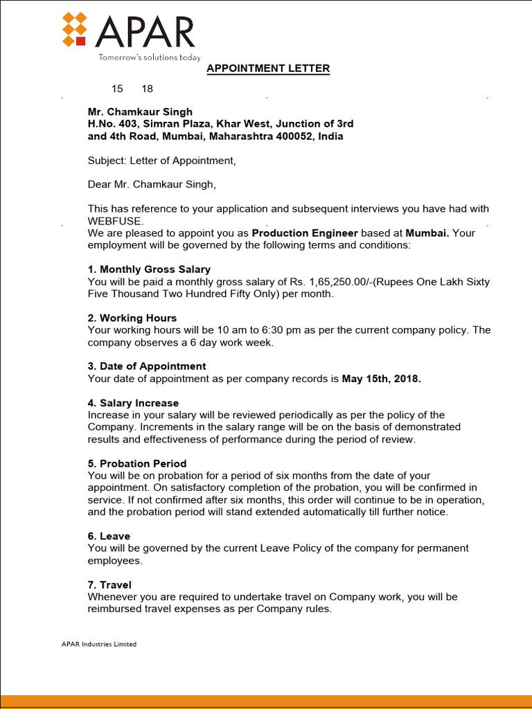 CHAMKAUR APPOINTMENT LETTER | PDF | Salary | Employment