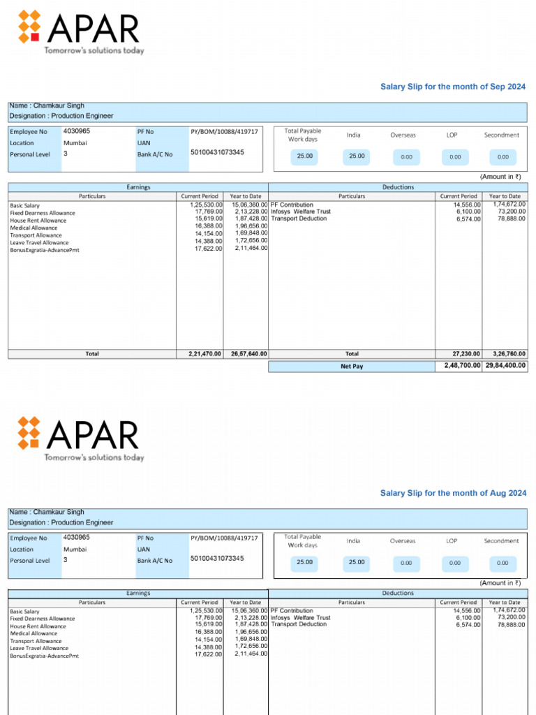 Infosys Salary Slip Summary 2024 | PDF