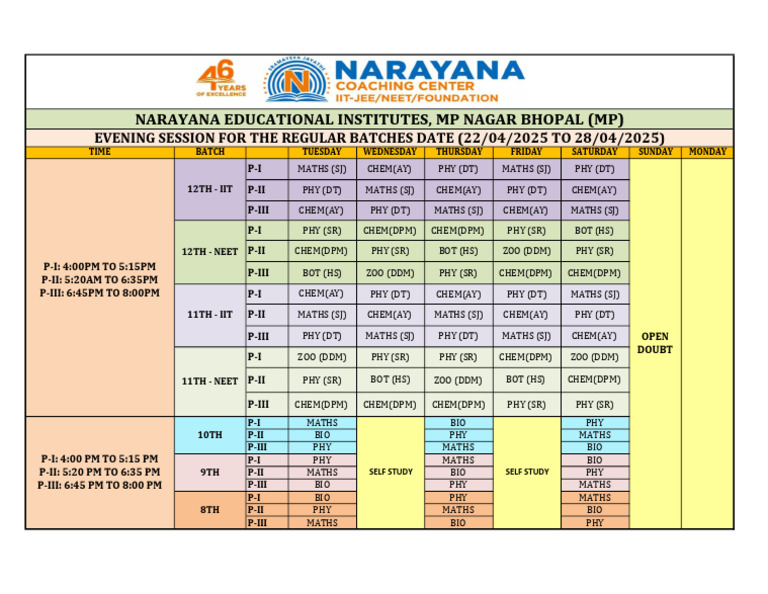 Time Table (22-04-25 To 28-04-25) | PDF