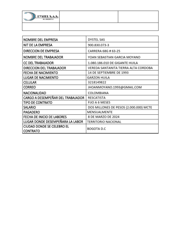 Contrato de Yoan Sebastian Garcia-Resctatista | PDF | Derecho laboral ...