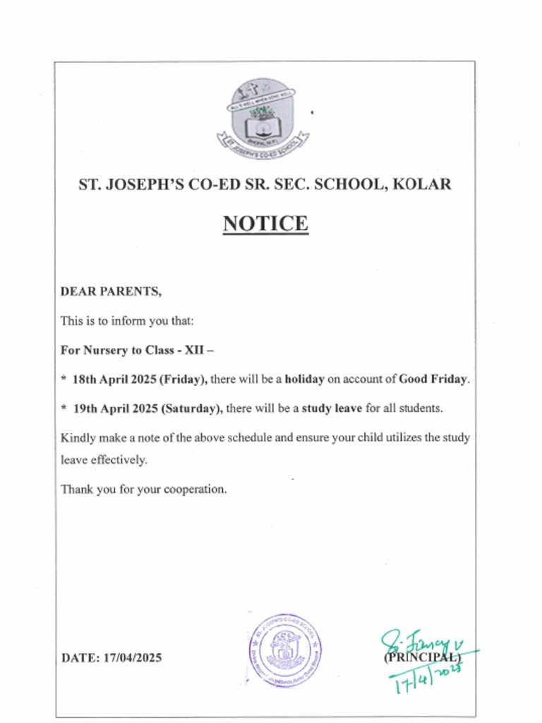 Notice - Good Friday Holiday & Study Leave | PDF