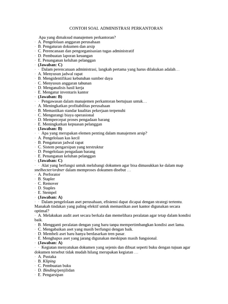 CONTOH SOAL ADMINISTRASI PERKANTORAN | PDF