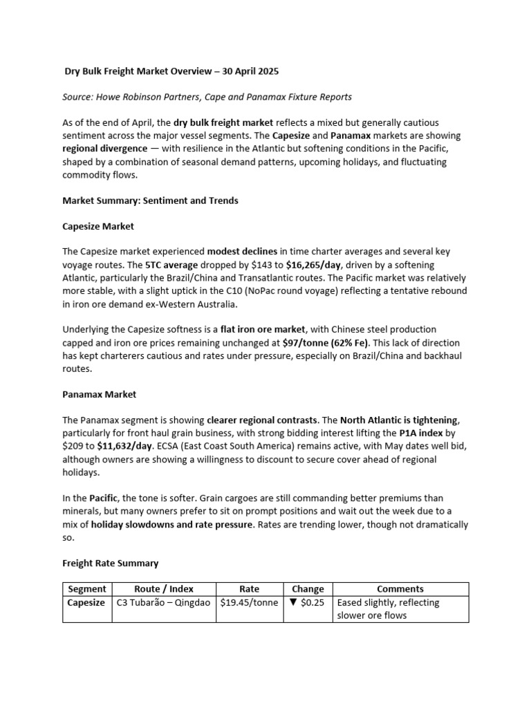 Dry Bulk Freight Market Overview - 30 April 2025 | PDF | Cargo