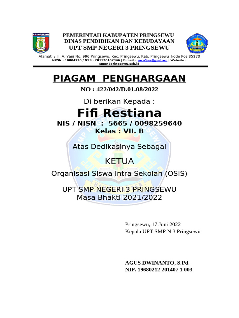 Piagam Penghargaan OSIS SMPN 3 Pringsewu | PDF