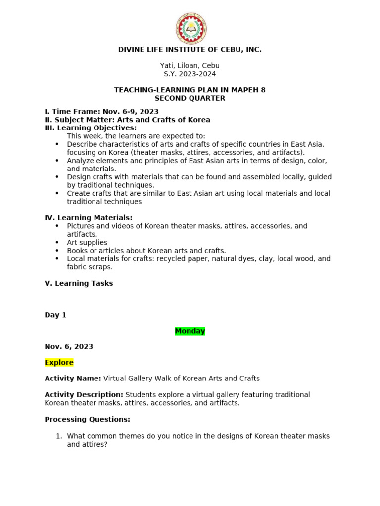 ARTS-8-WEEK 4 (Lesson 2 - Part 3) | PDF | Artifact (Archaeology) | Korean Language