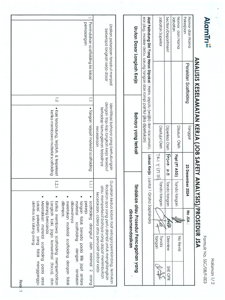 JSA Perakitan Scaffolding - Full Approve | PDF