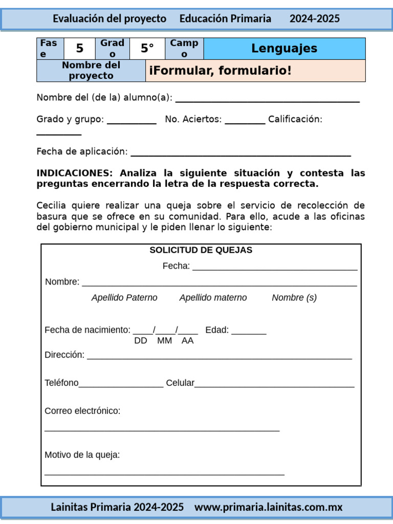 Formularios para Quinto Grado | PDF