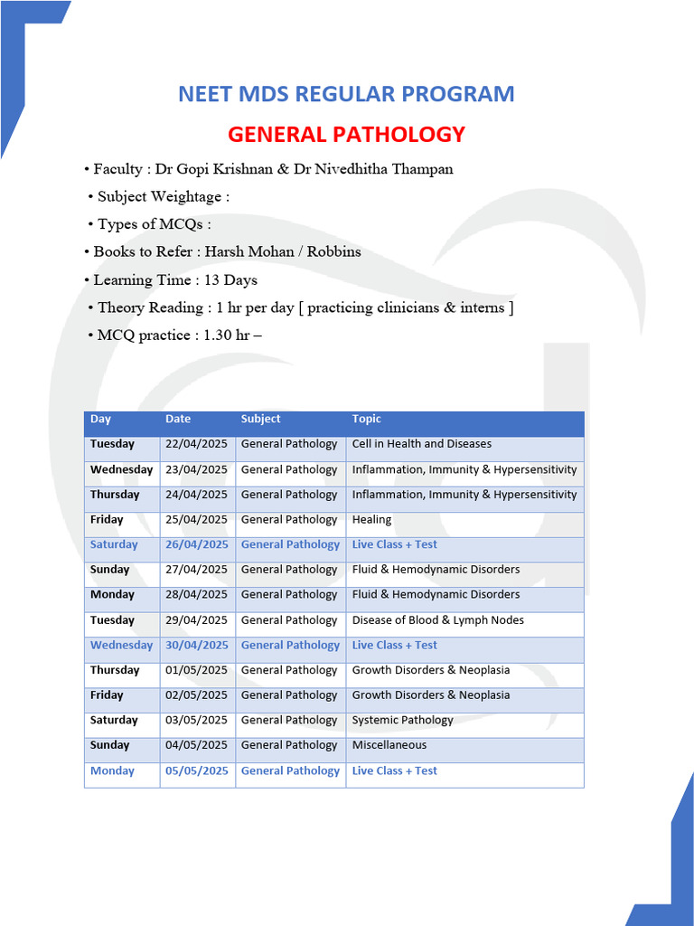 GENERAL PATHOLOGY 2025 - 26 SCHEDULE | PDF