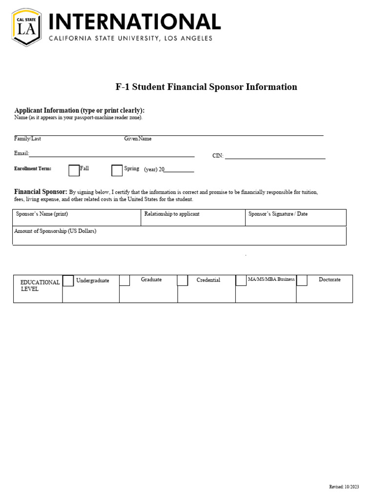 Financial Sponsor Information Form 10.23 | PDF