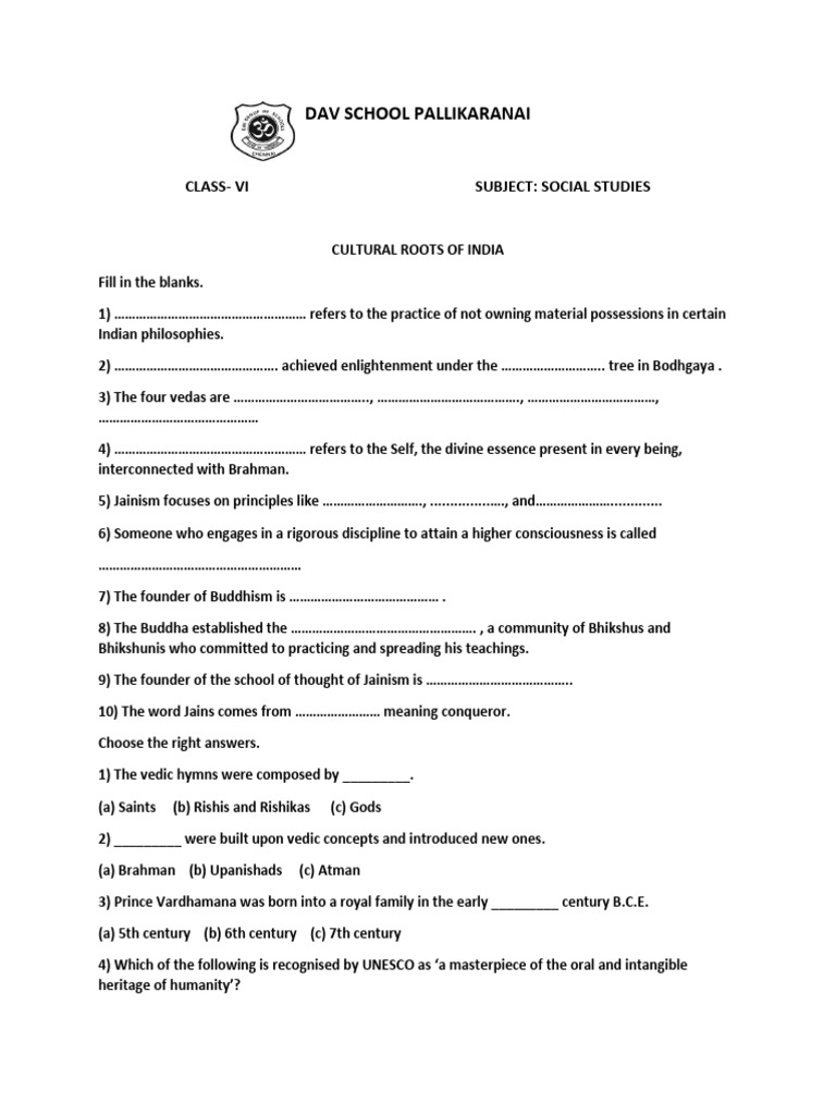 Class 6 Cultural Roots of India Worksheet | PDF | Vedas | Brahman