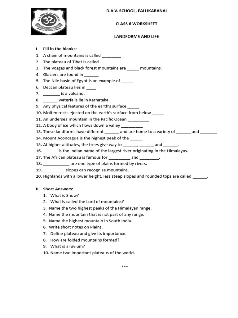 Class6 - Worksheet - Landforms and Life - SST | PDF