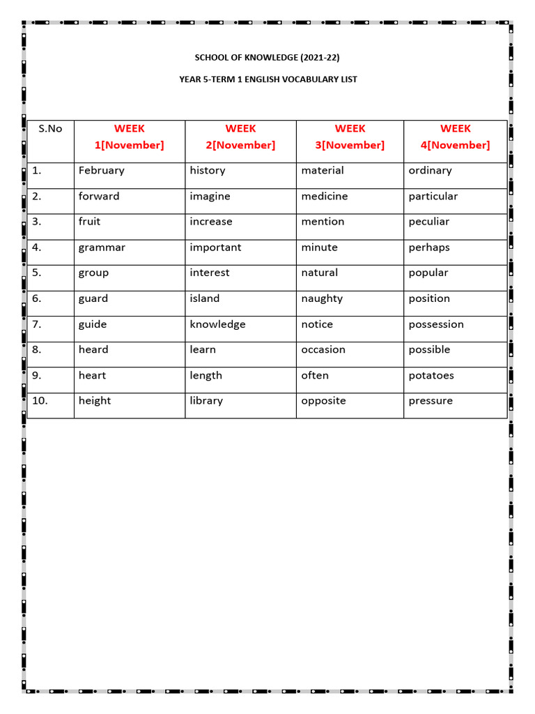 Vocabulary List For The Month of November | PDF