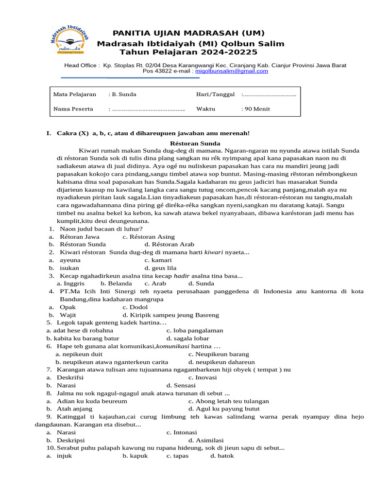 SOAL B.SUNDA KLS 6 | PDF