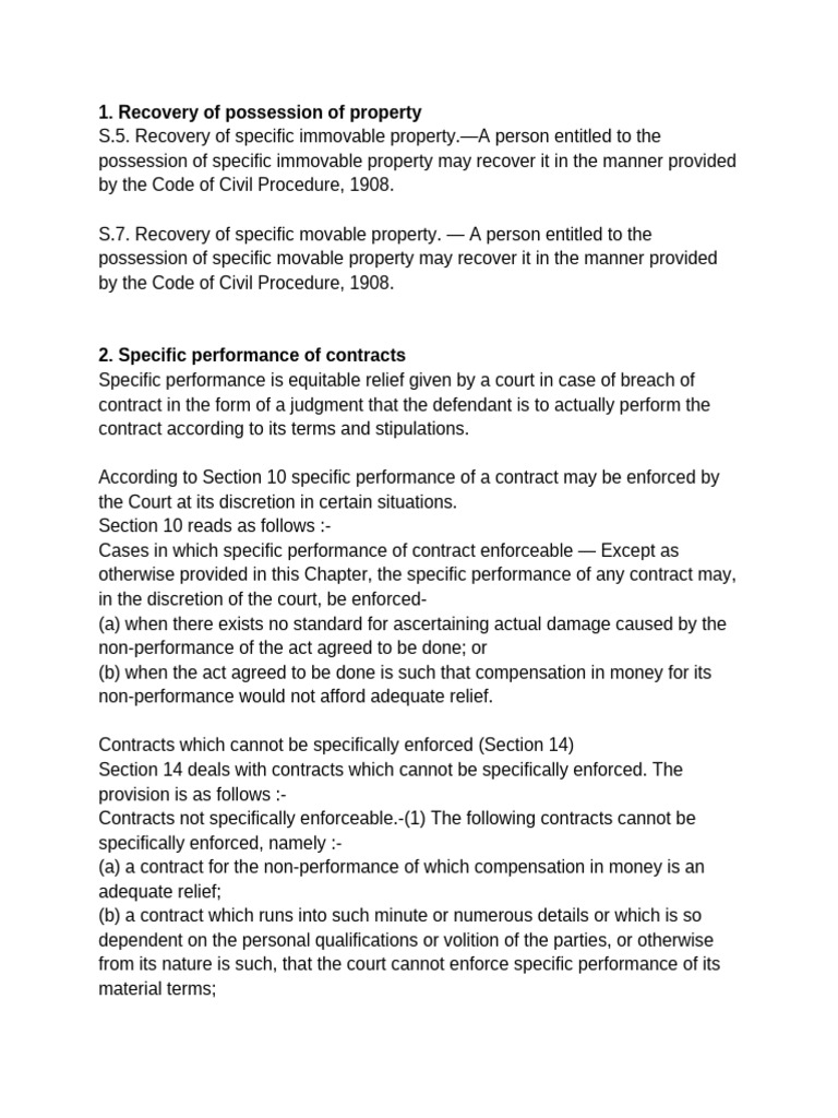 contract specific relief | PDF | Legal Remedy | Specific Performance