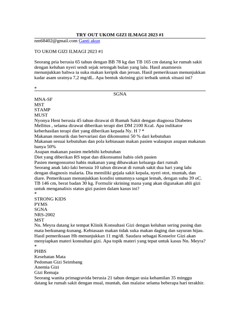 Try Out Ukom Gizi Ilmagi 2023 | PDF