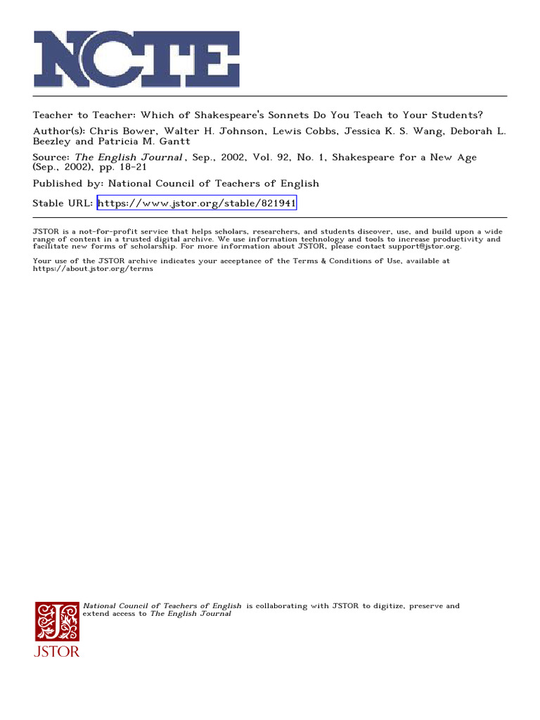 Teacher To Teacher Which of Shakespeares Sonnets | PDF | Sonnets | Poetry