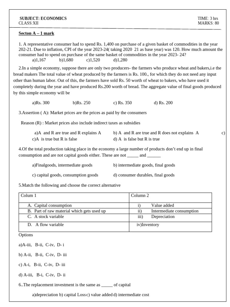 Economics Class XII Exam Questions | PDF | Measures Of National Income ...