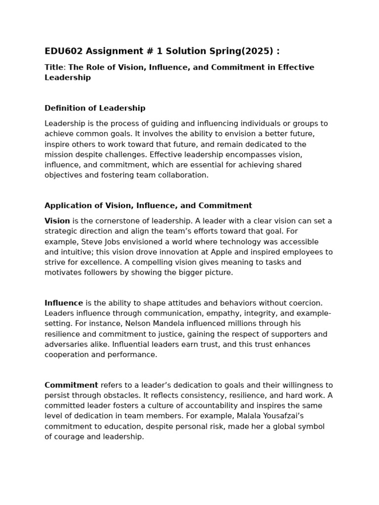 EDU 602 Assignment-1Spring 2025 Solution | PDF | Leadership | Psychological Resilience